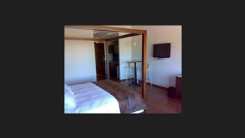 Quarto com cama, televisão e uma kitchenette ao fundo.