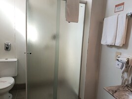 Casa de banho com sanita, cabine de duche em vidro e secador de cabelo na parede.