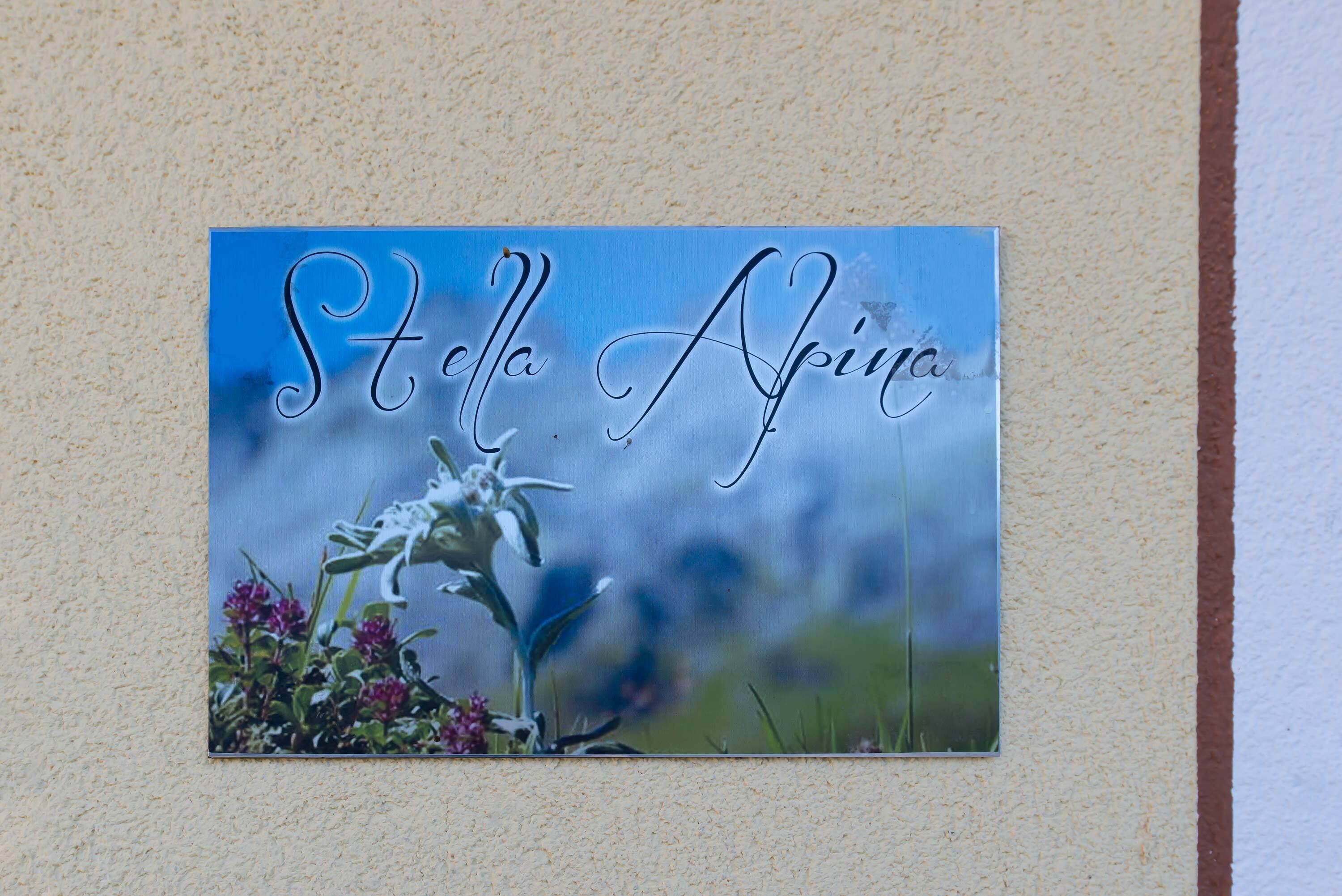 Uma placa fixada na parede com o texto 'Stella Apina' e um fundo floral.