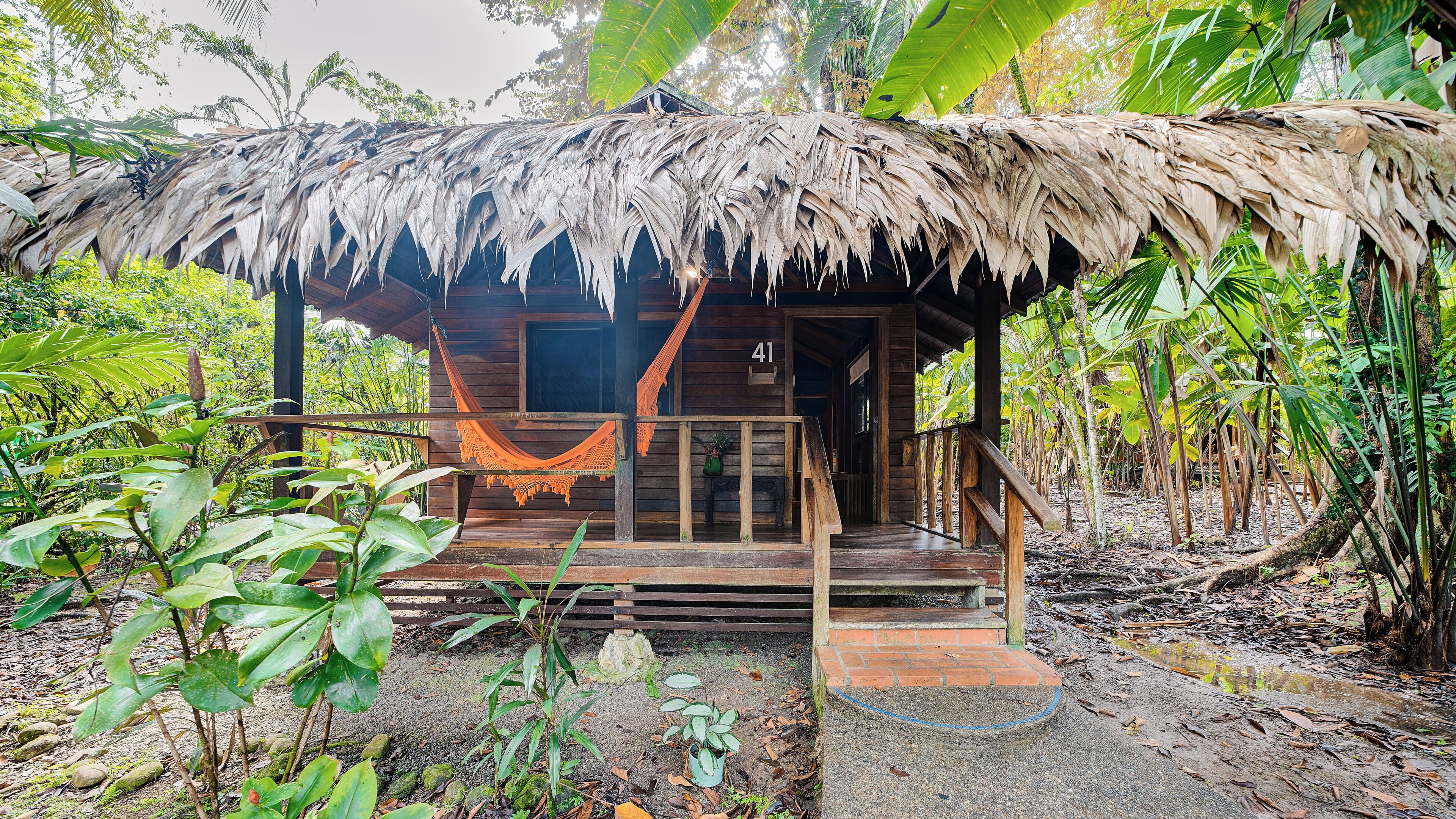 Uma cabana de madeira com telhado de palha, cercada por vegetação exuberante e uma pequena varanda com uma rede.