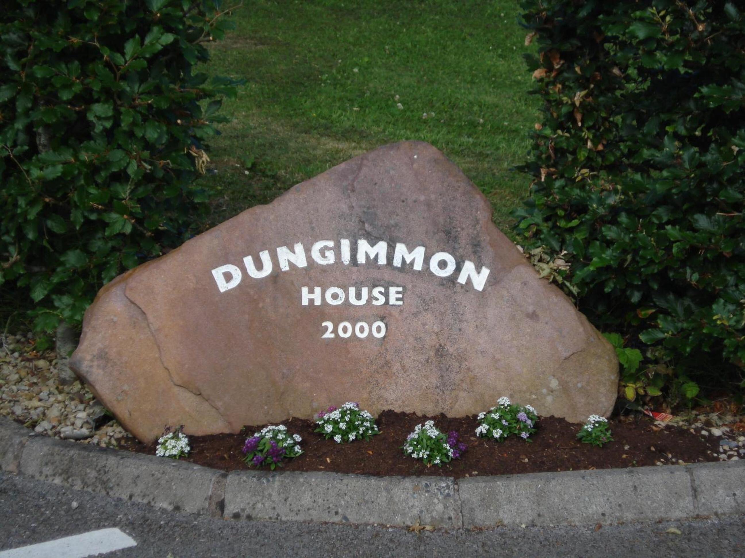 Uma grande pedra com a inscrição 'DUNGIMMON HOUSE 2000', rodeada por pequenas plantas.