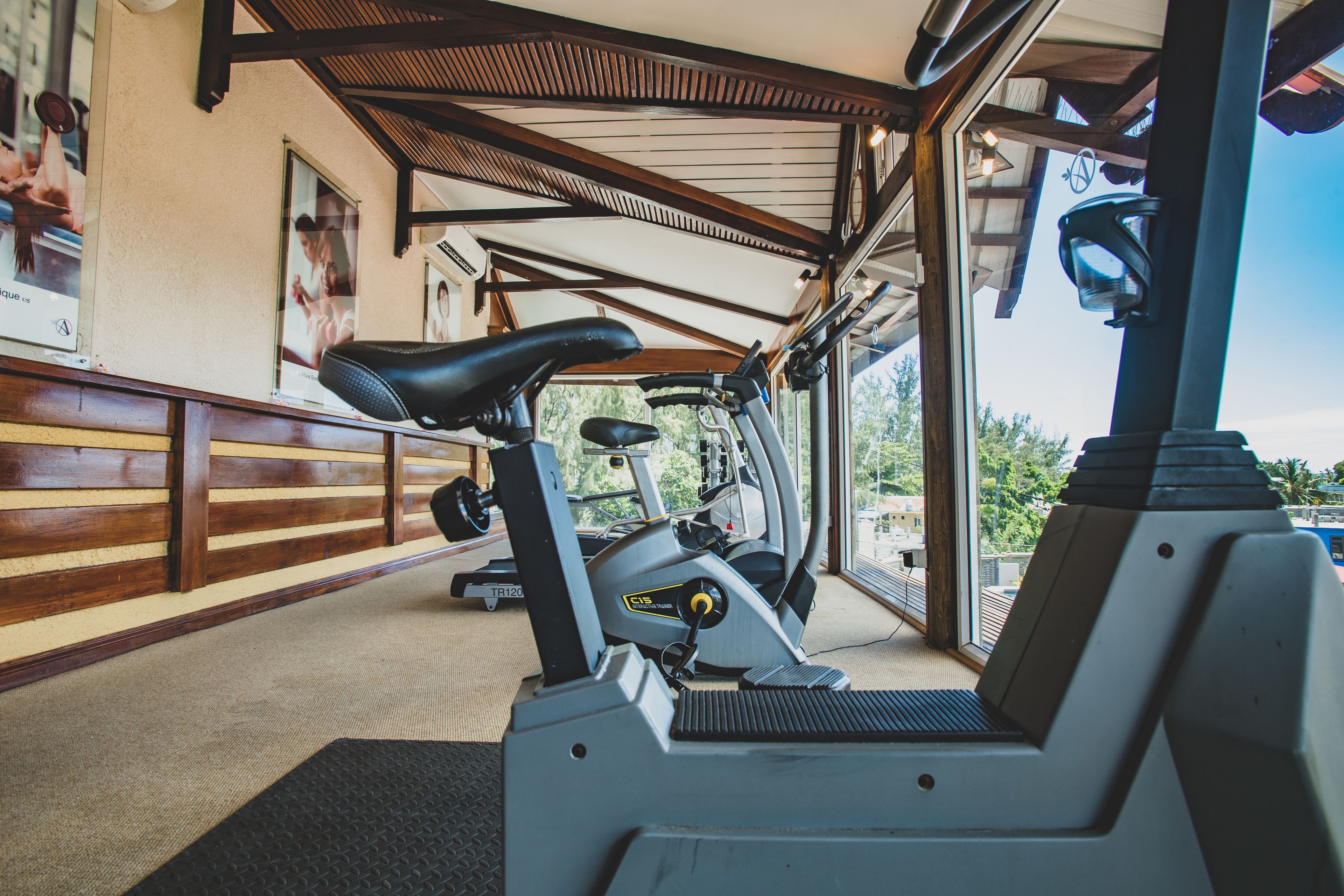 Uma academia com equipamentos de exercício, bancos de madeira e área coberta com vista para o exterior.