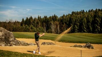 Um golfista num campo de golfe, com bunkers de areia e árvores ao fundo.