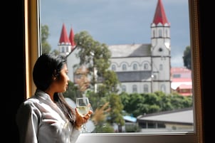 Uma pessoa segurando uma taça de vinho branco, olhando pela janela para um edifício com torres vermelhas.
