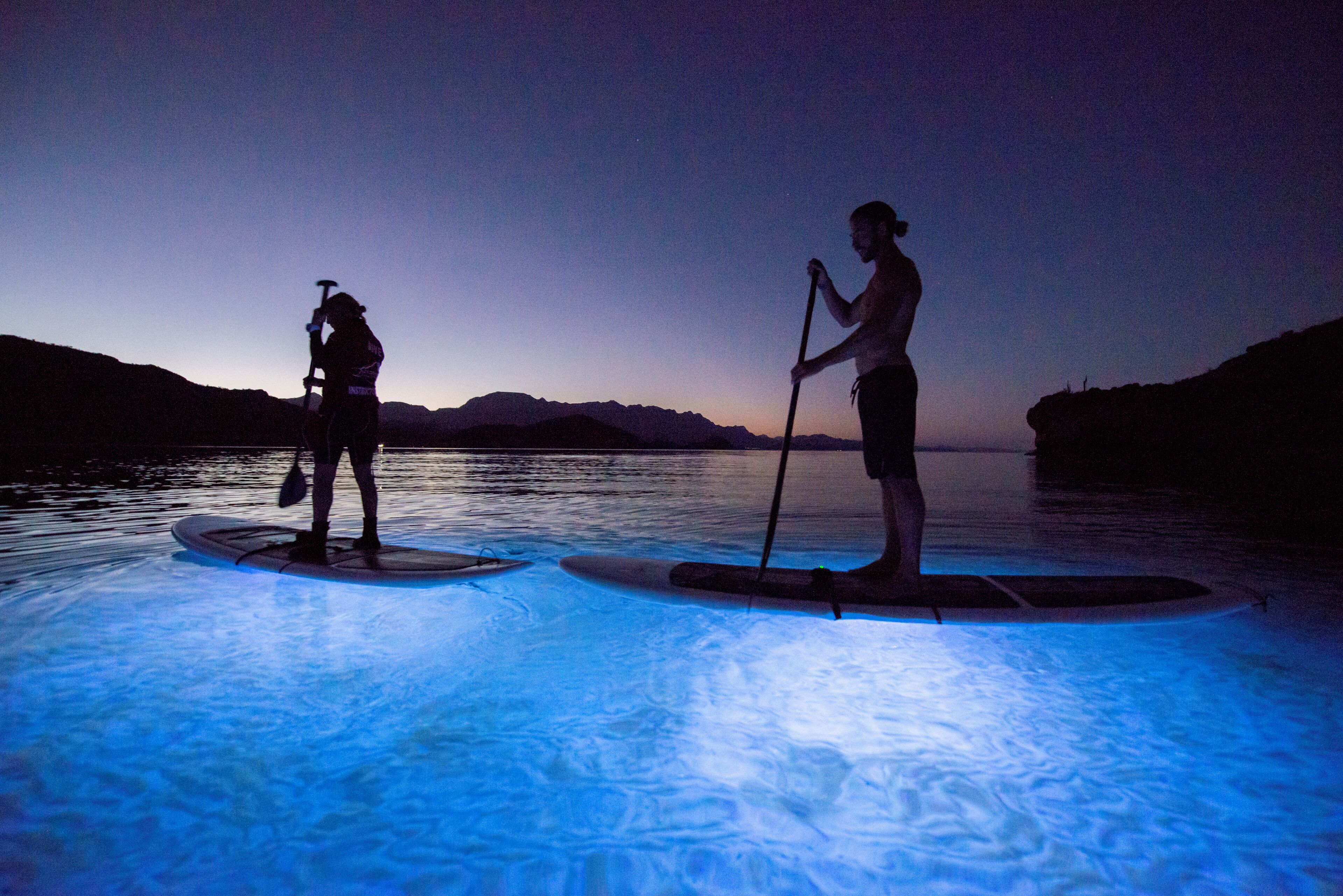 Duas pessoas praticando paddleboarding em águas calmas ao entardecer.