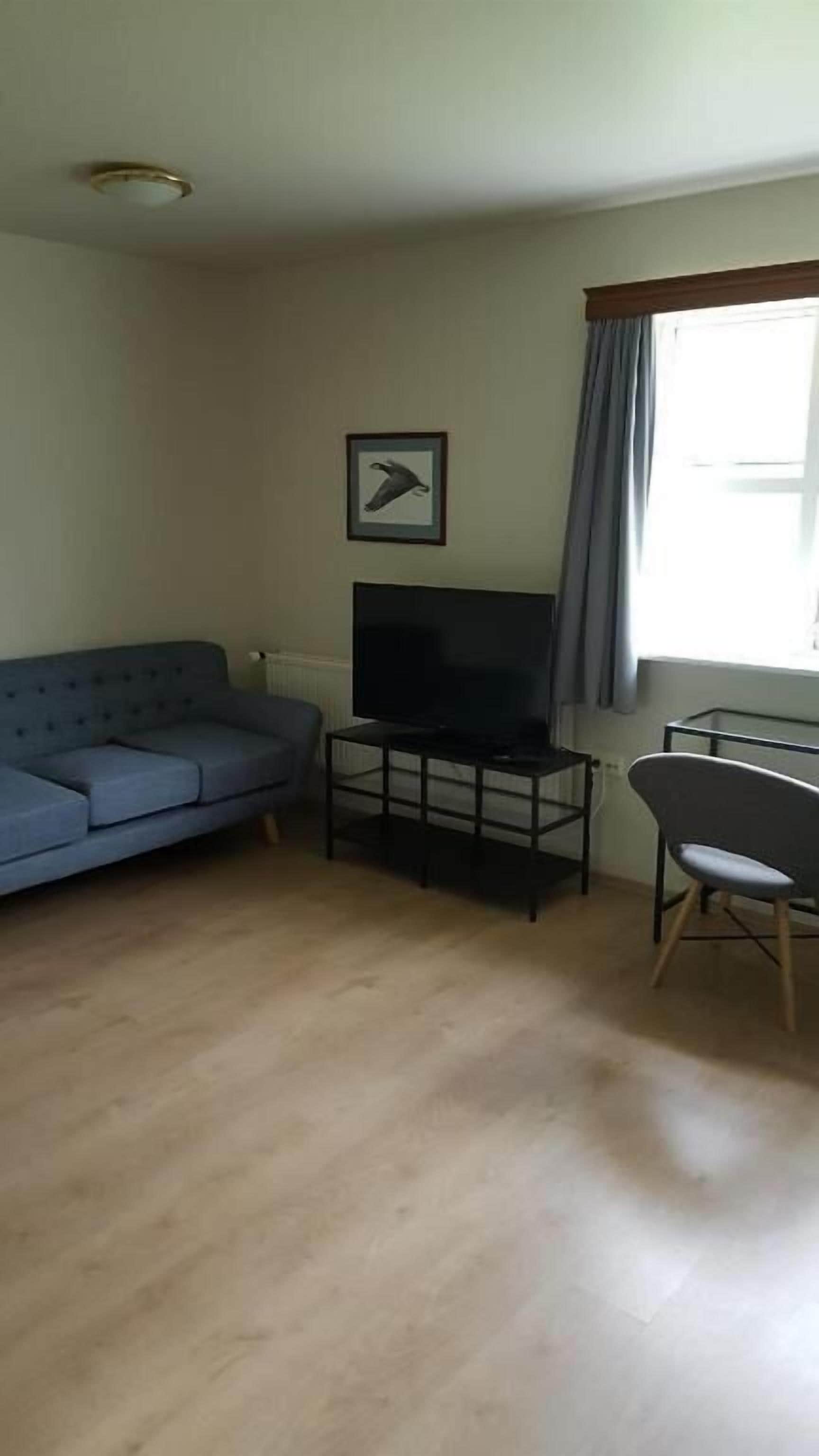 Uma sala de estar com um sofá azul, uma televisão sobre um móvel, um quadro na parede e uma janela com cortinas.