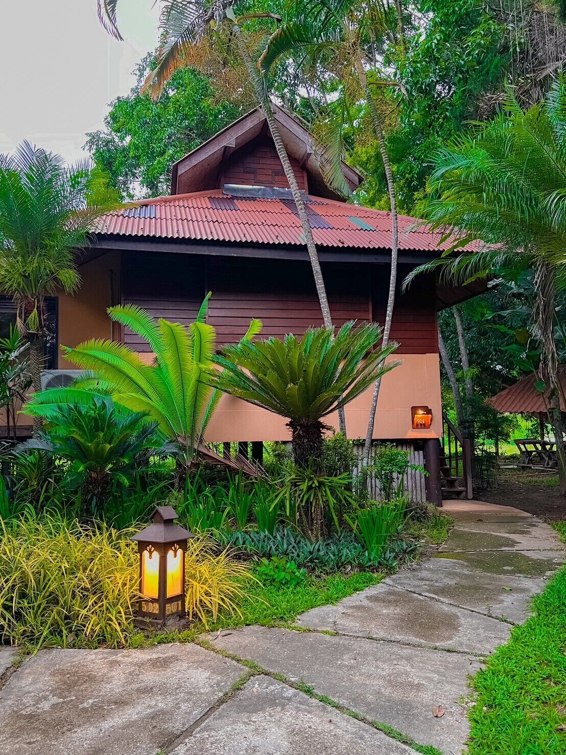 Uma casa de madeira tradicional com telhado vermelho, rodeada por vegetação tropical exuberante e um caminho de pedra.