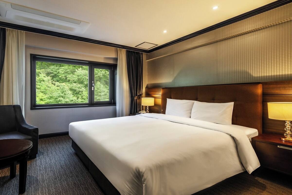 Quarto de hotel com uma cama grande, uma escrivaninha, uma cadeira, uma janela com vista para vegetação e uma mesa de cabeceira com abajur.