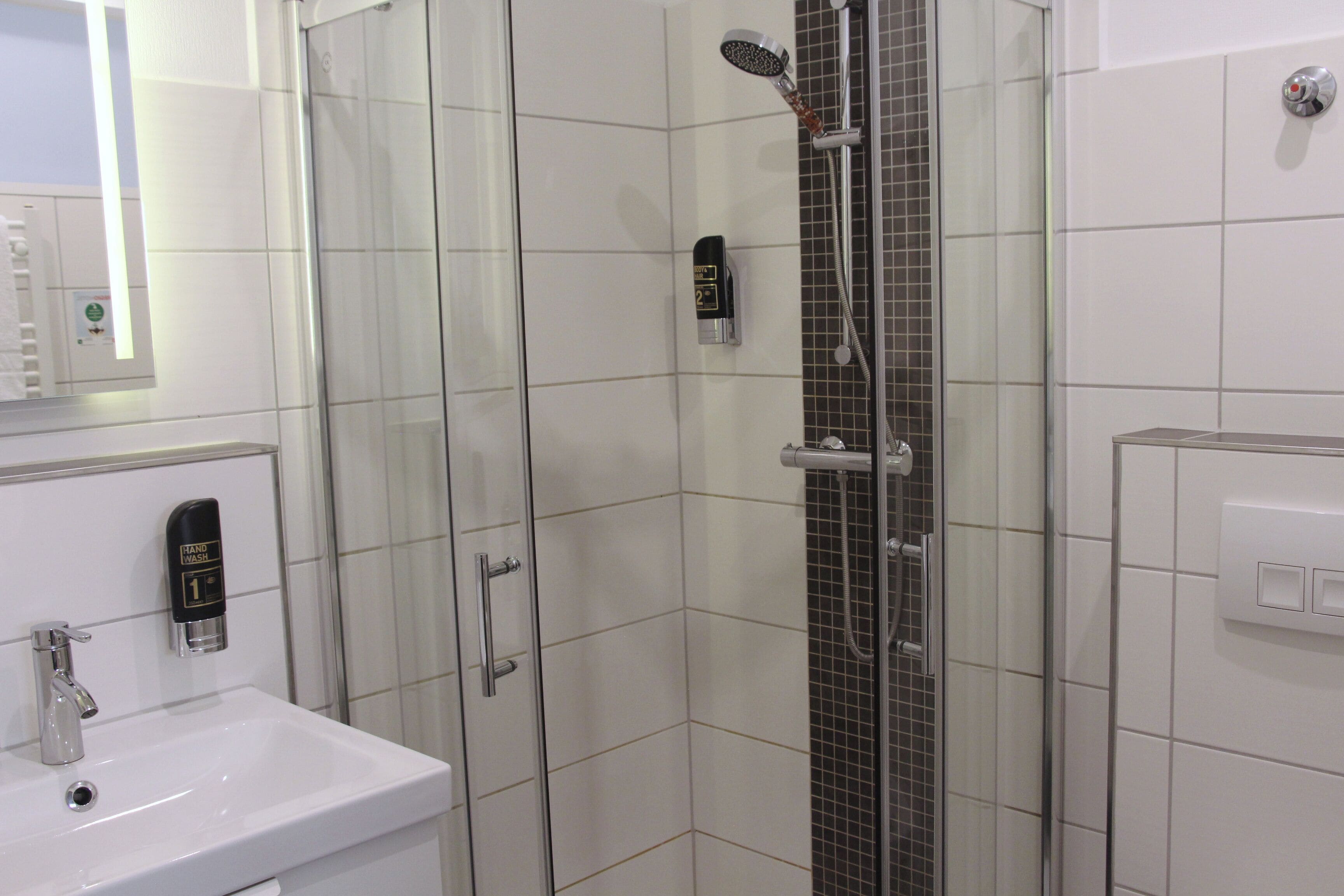 Casa de banho com lavatório branco, chuveiro manual e espelho.