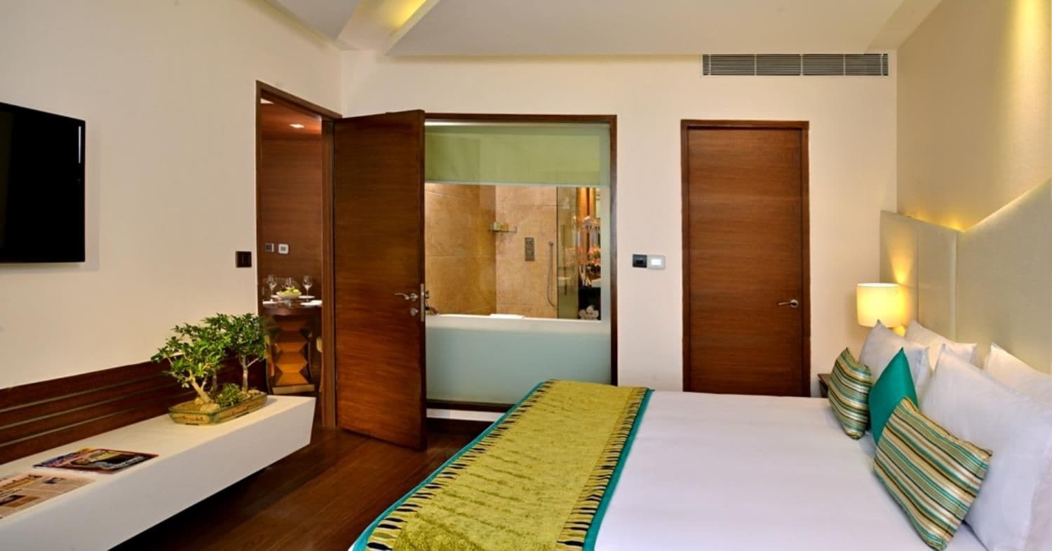 Quarto de hotel com cama, mesa de cabeceira com planta, televisão e banheiro visível por uma porta aberta.
