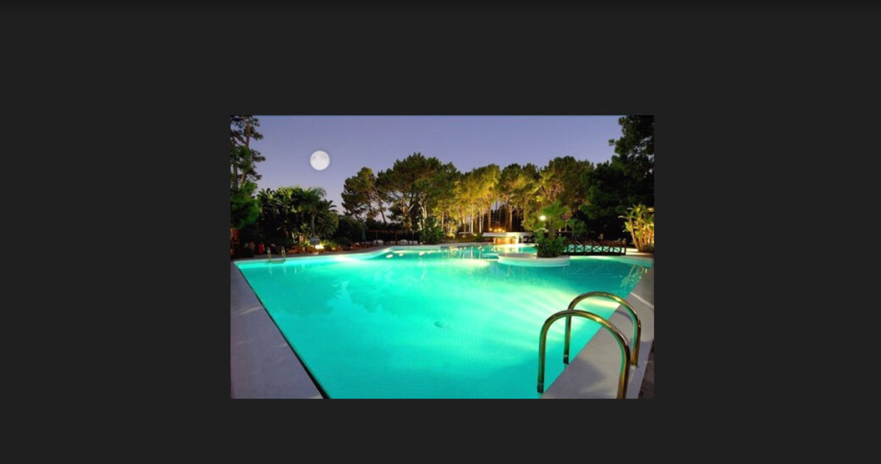 Piscina à noite com a lua no céu e árvores ao fundo.