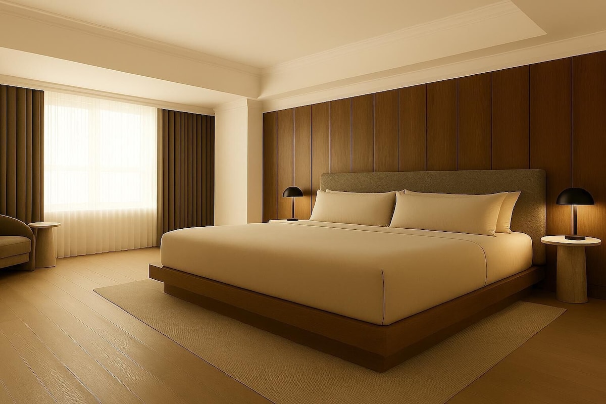 Quarto de hotel moderno com uma cama grande, duas mesas de cabeceira, um sofá e uma janela ampla com cortinas.
