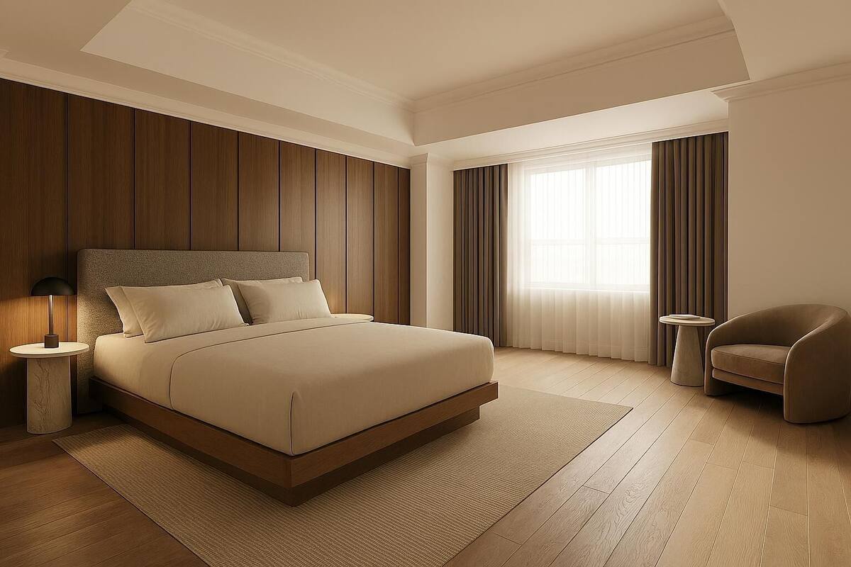Quarto de hotel moderno com uma cama grande, uma mesa de apoio, uma cadeira e uma janela com cortinas.