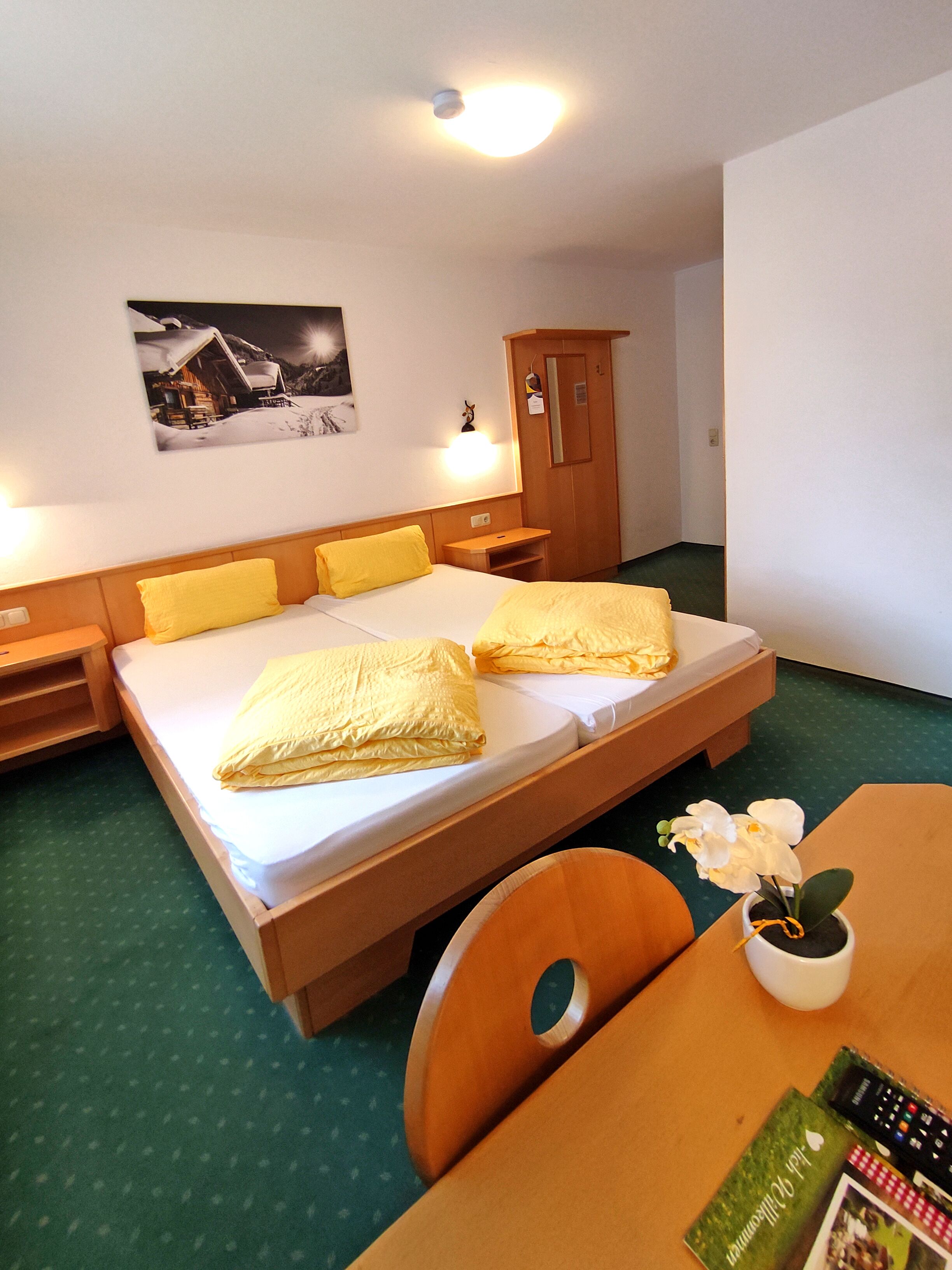 Quarto de hotel com cama, guarda-roupa de madeira, uma mesinha com uma planta e um comando remoto, e um quadro na parede.