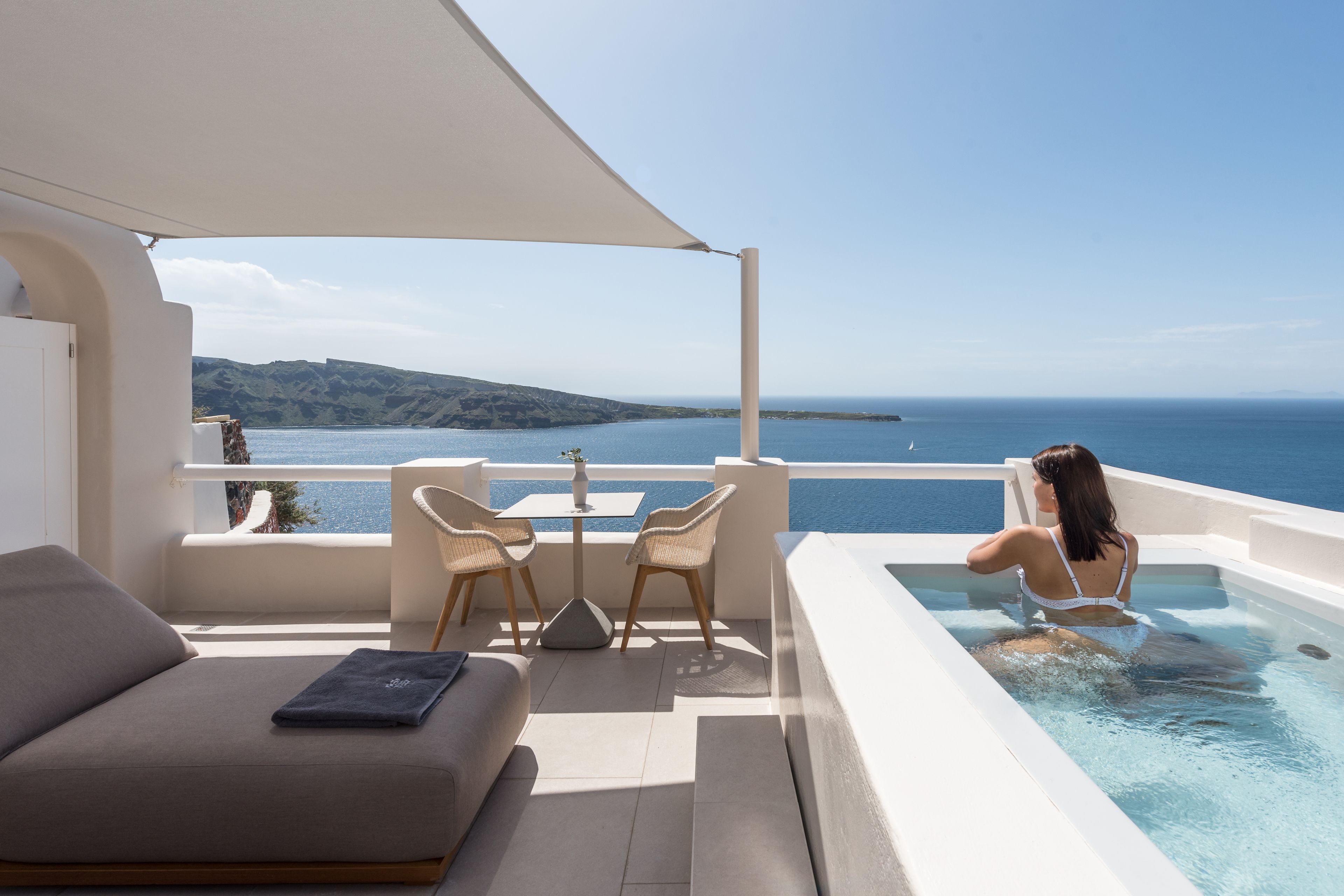 Suíte lua de mel, banheira de imersão, vista para o mar (Sunset View) | Terraço/pátio