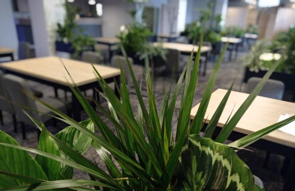 Espaço moderno e interno com várias mesas e cadeiras, possivelmente uma sala de jantar ou sala de reuniões.