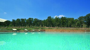 Uma piscina com água azul cristalina, rodeada por espreguiçadeiras e uma parede de pedra.