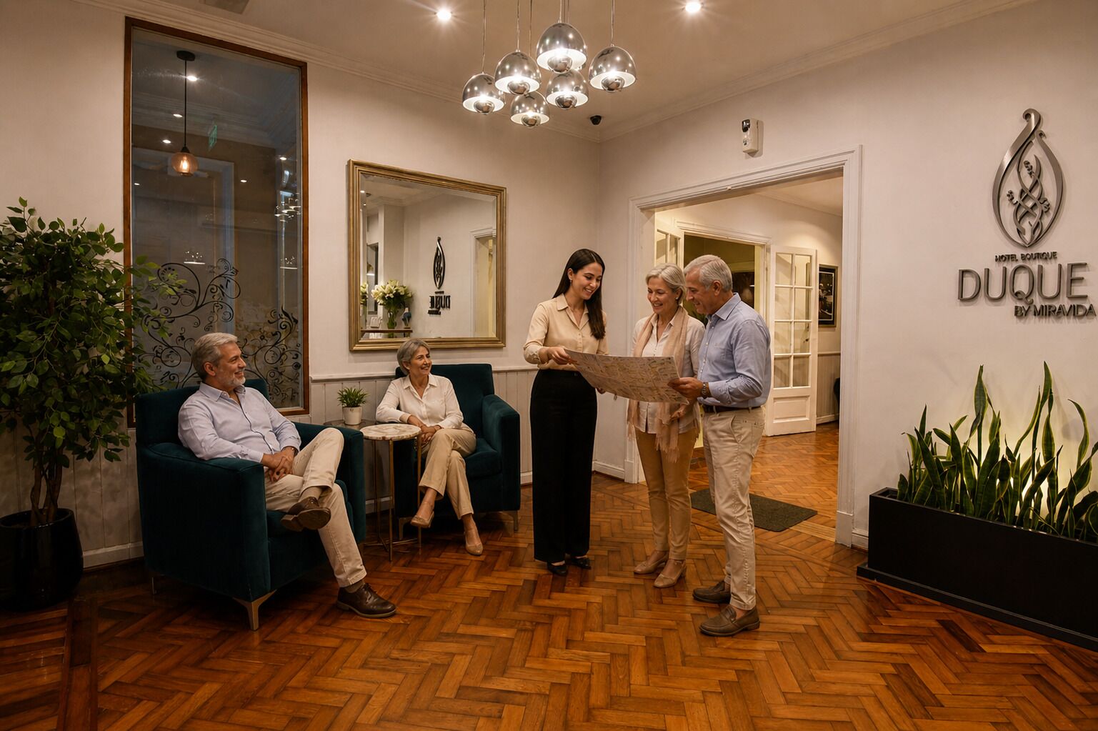 Um lobby de hotel com piso em padrão herringbone, um espelho grande e um candelabro.