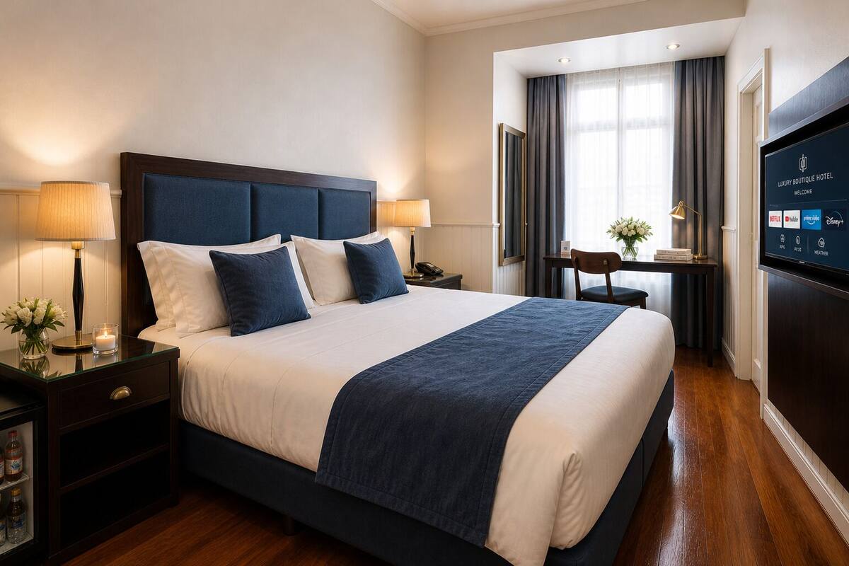 Quarto de hotel com uma cama grande, abajures, uma TV e uma escrivaninha com uma cadeira.
