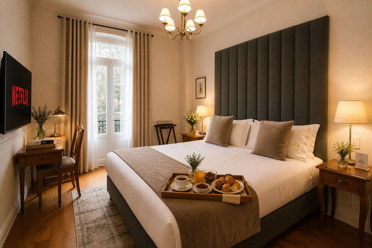Quarto de hotel com uma cama grande, mesas de cabeceira, escrivaninha, televisão e janela com cortinas.