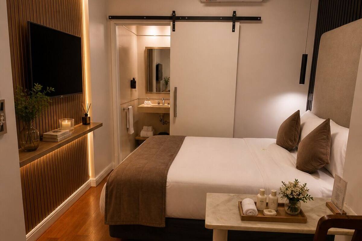 Quarto de hotel moderno com cama, mesa de cabeceira, televisão, ar condicionado e porta de correr para um banheiro.