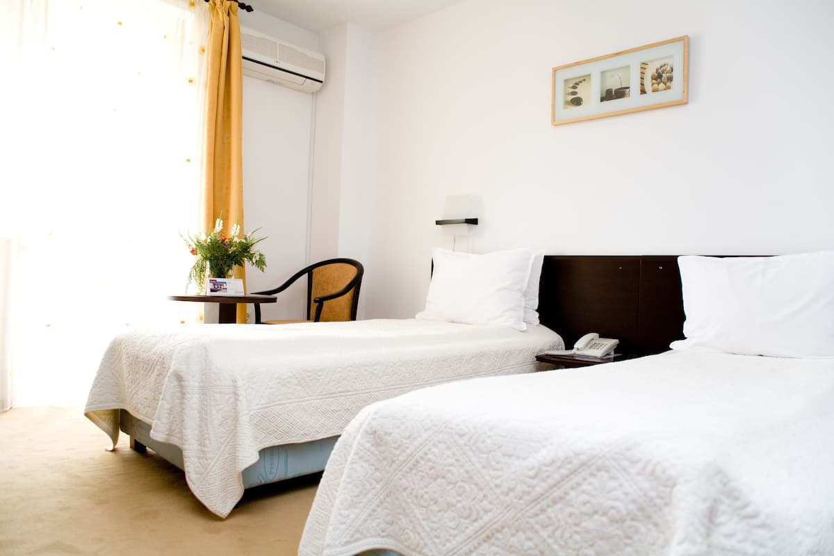 Quarto de hotel com duas camas, uma mesa de cabeceira com abajur, uma mesinha com uma planta e um quadro na parede.