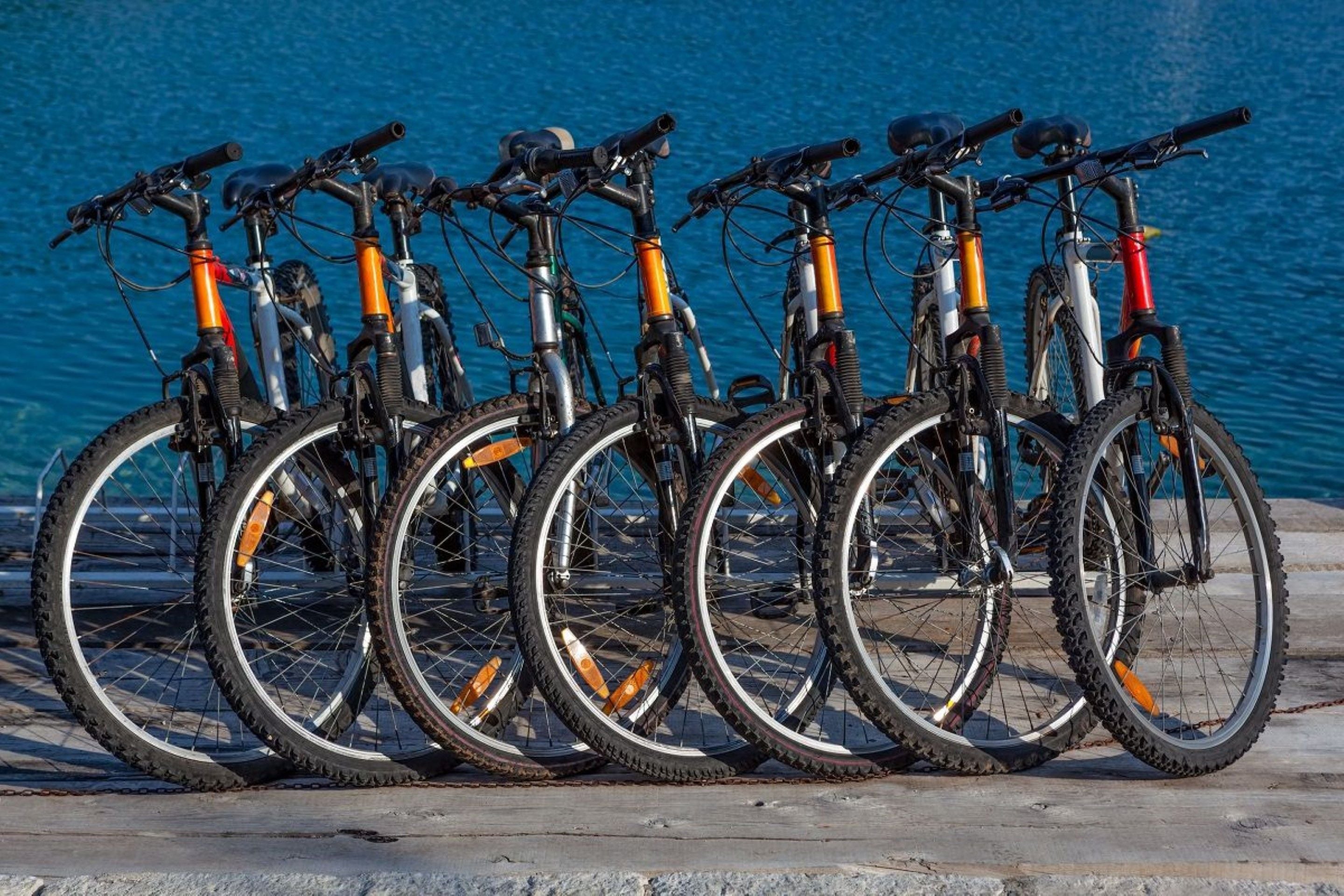 Uma fileira de bicicletas estacionadas à beira-mar.