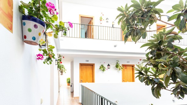Um edifício com vários níveis, varandas, plantas em vasos e piso de azulejos.