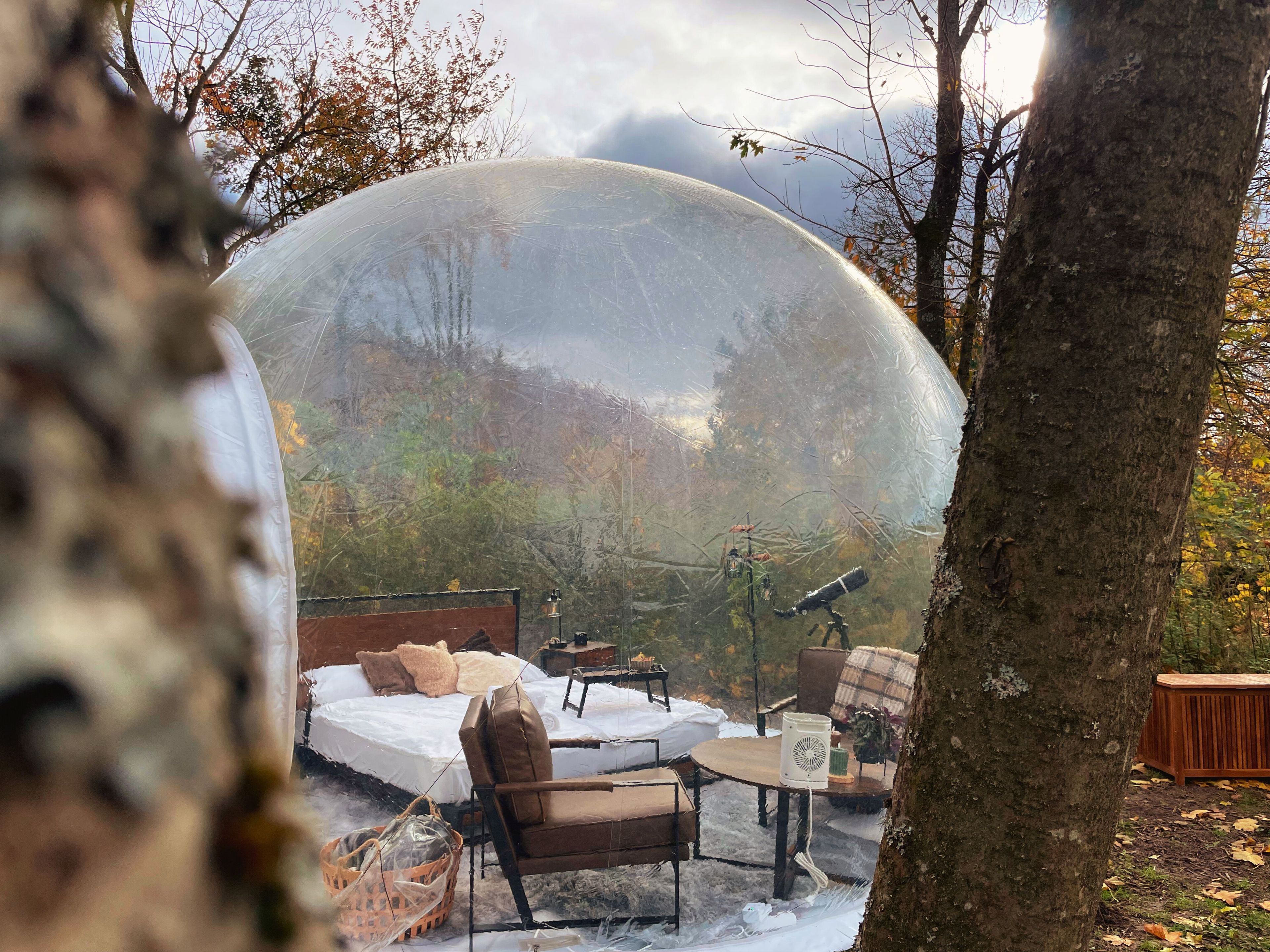 Uma cúpula transparente cobre um quarto com uma cama, cadeiras, uma mesa e um abajur.