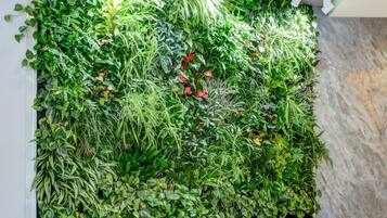 Paredes verdes verticais com diversas plantas e um moderno aparelho de iluminação.