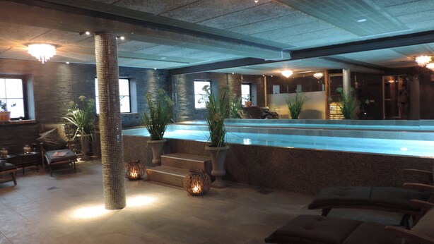 Um espaço amplo e interno com piscina, assentos e plantas decorativas.