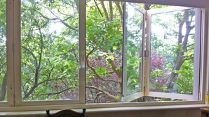 Quarto com uma grande janela com vista para uma floresta densa.