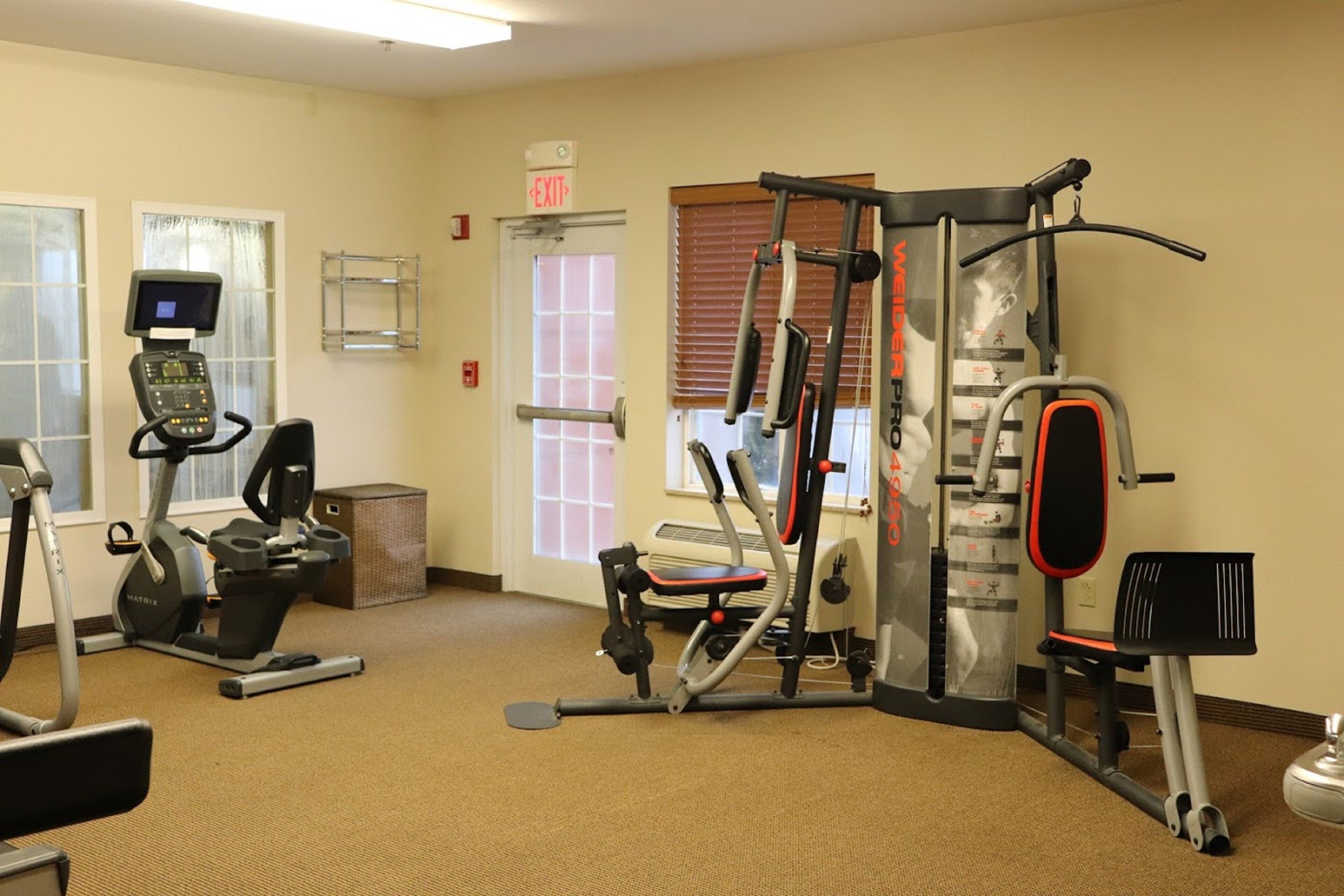 Centro de ginástica com equipamentos de cardio, aparelhos de musculação e um espelho.