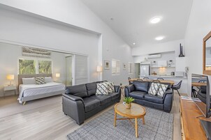 Apartamento luxo, 1 quarto | Área de estar | TV 50 polegadas com canais digitais