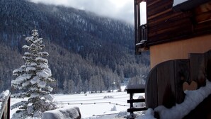 Um deck de madeira com guarda-corpos cobertos de neve e uma árvore com neve.