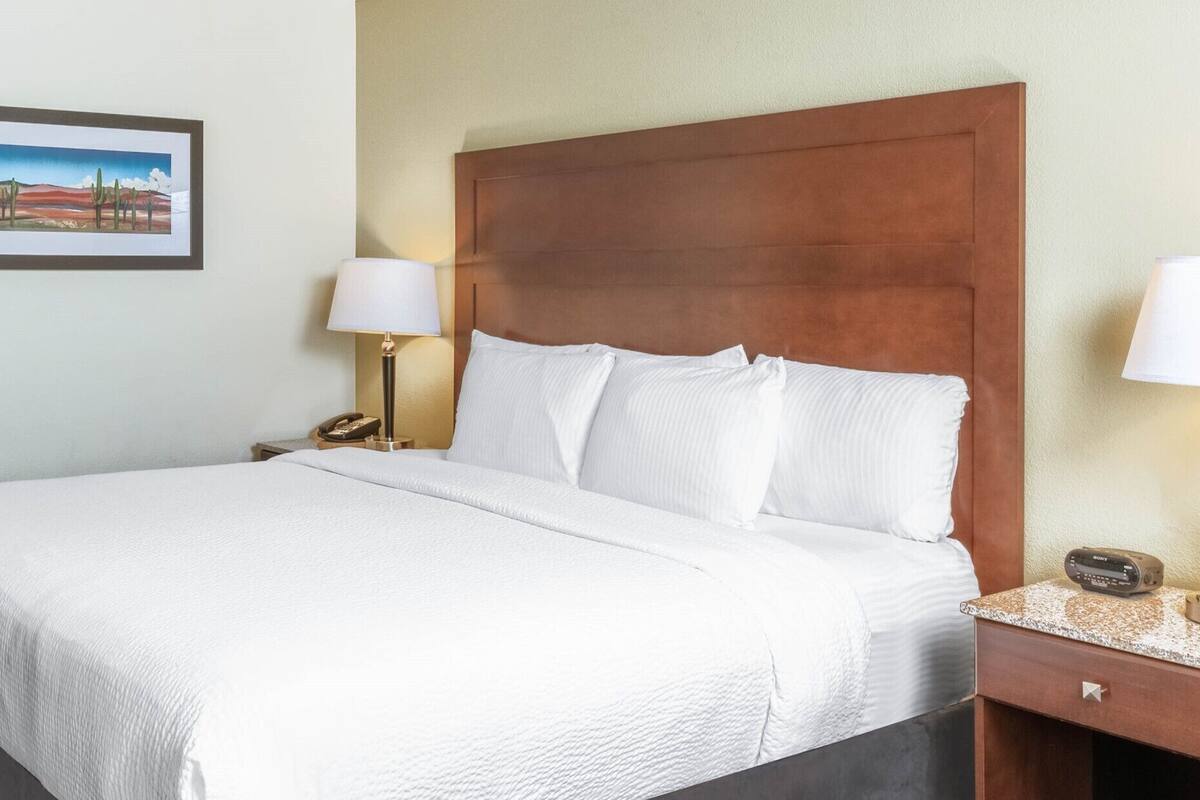 Quarto de hotel com cama, televisão, escrivaninha, luminária e quadro na parede.
