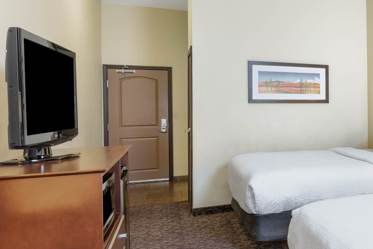 Quarto de hotel com duas camas, televisão, luminária, quadro e porta.