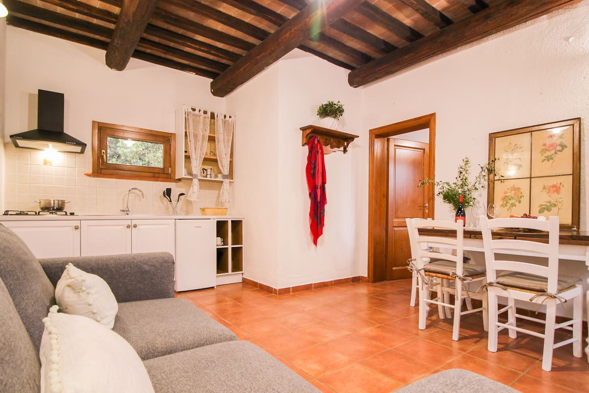 Uma sala aconchegante com um sofá cinza, uma mesa de jantar com cadeiras brancas, uma área de cozinha com armários brancos, teto de madeira e uma cortina vermelha.