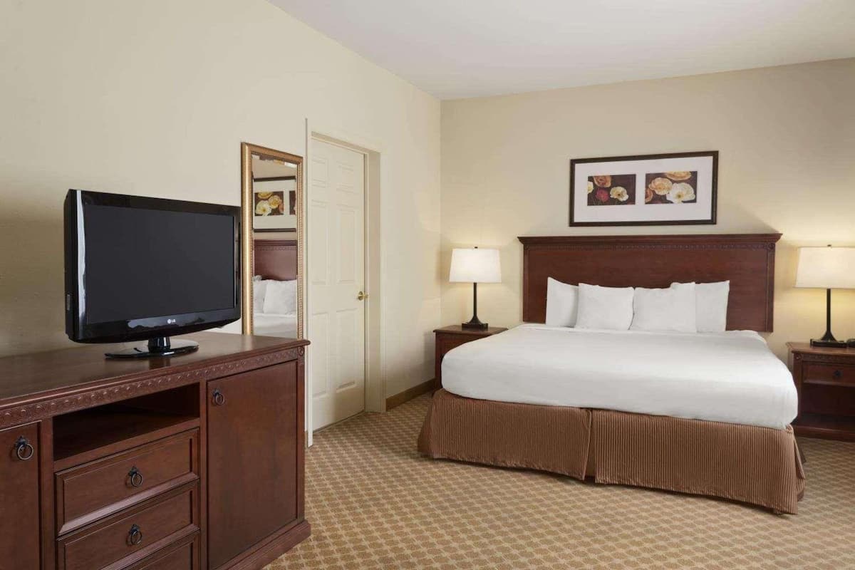 Quarto de hotel com uma cama, uma televisão sobre uma cômoda de madeira, uma porta e duas luminárias de cabeceira.