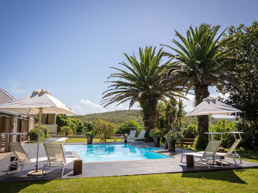 Piscina externa, guarda-sóis, espreguiçadeiras