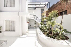 Um edifício moderno com fachada branca, escadaria e área de jardim com plantas.
