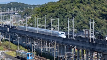 Um trem sobre uma ponte, com várias faixas, rodeado por vegetação e montanhas ao fundo.