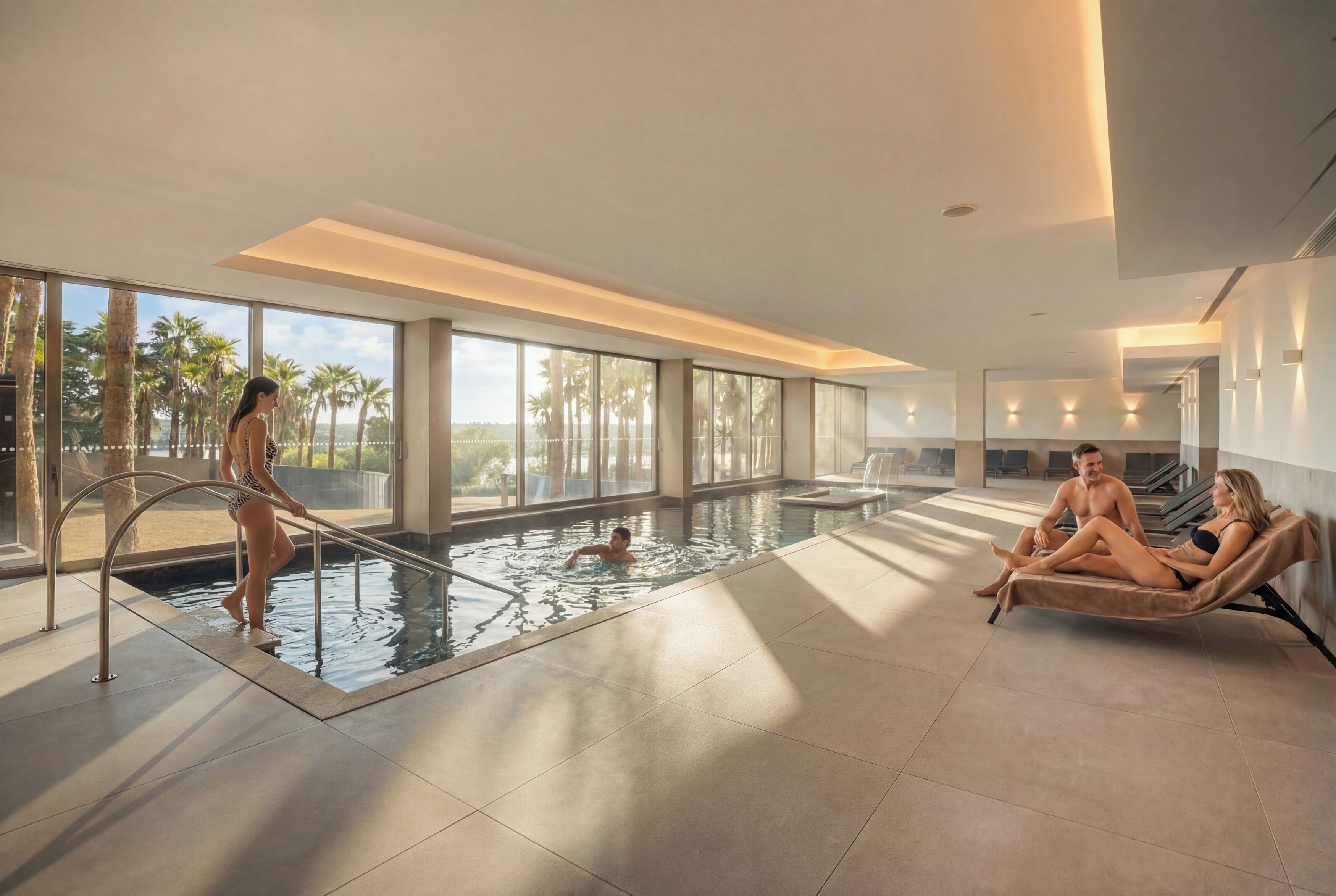 Área interna de piscina com parede de vidro, espaço de lounge e vista para palmeiras.