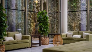 Um interior moderno com sofás verdes, uma grande planta em vaso e um painel de parede de pedra.