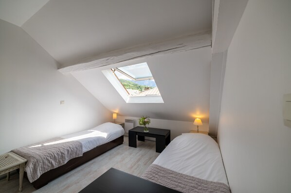 Quarto de sótão pequeno e bem iluminado, com duas camas, um claraboia e uma pequena mesa com uma planta.