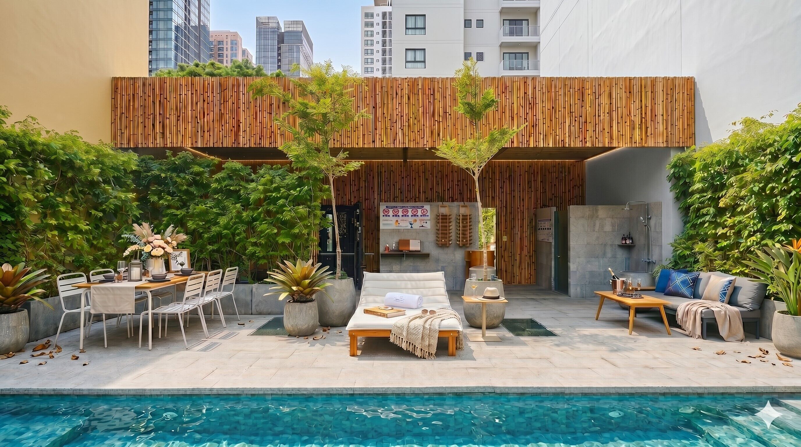 Piscina externa, funciona das 6h30 às 22h30, espreguiçadeiras