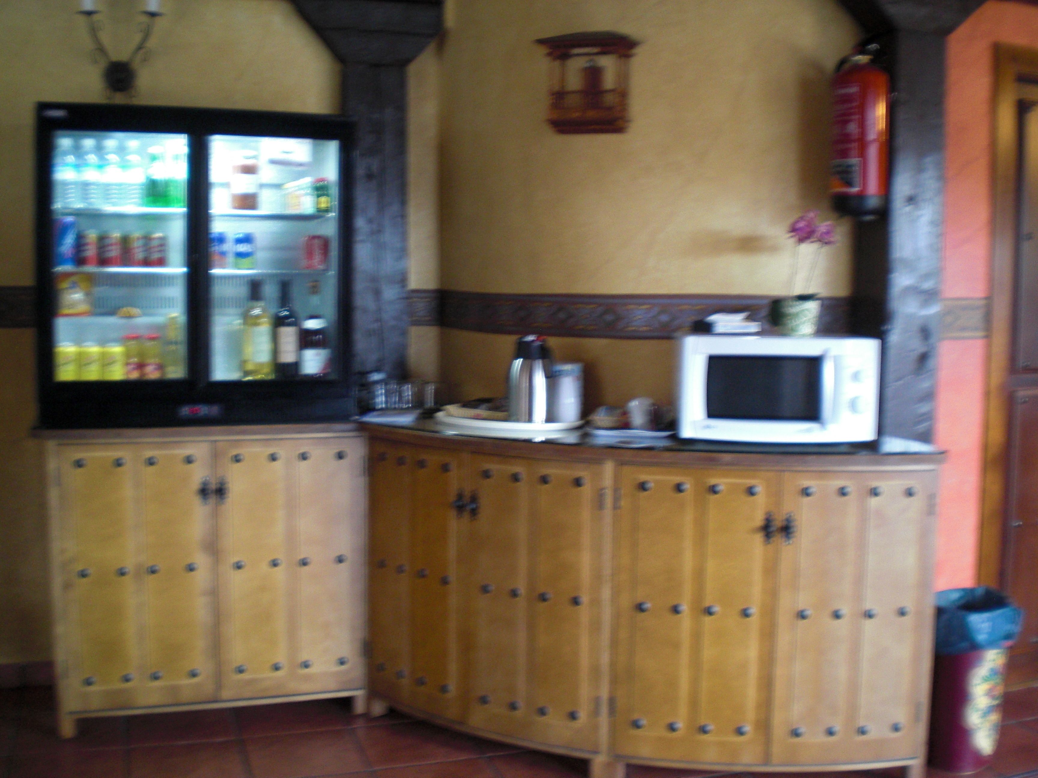 Cozinha com armários de madeira, geladeira, micro-ondas e extintor de incêndio.