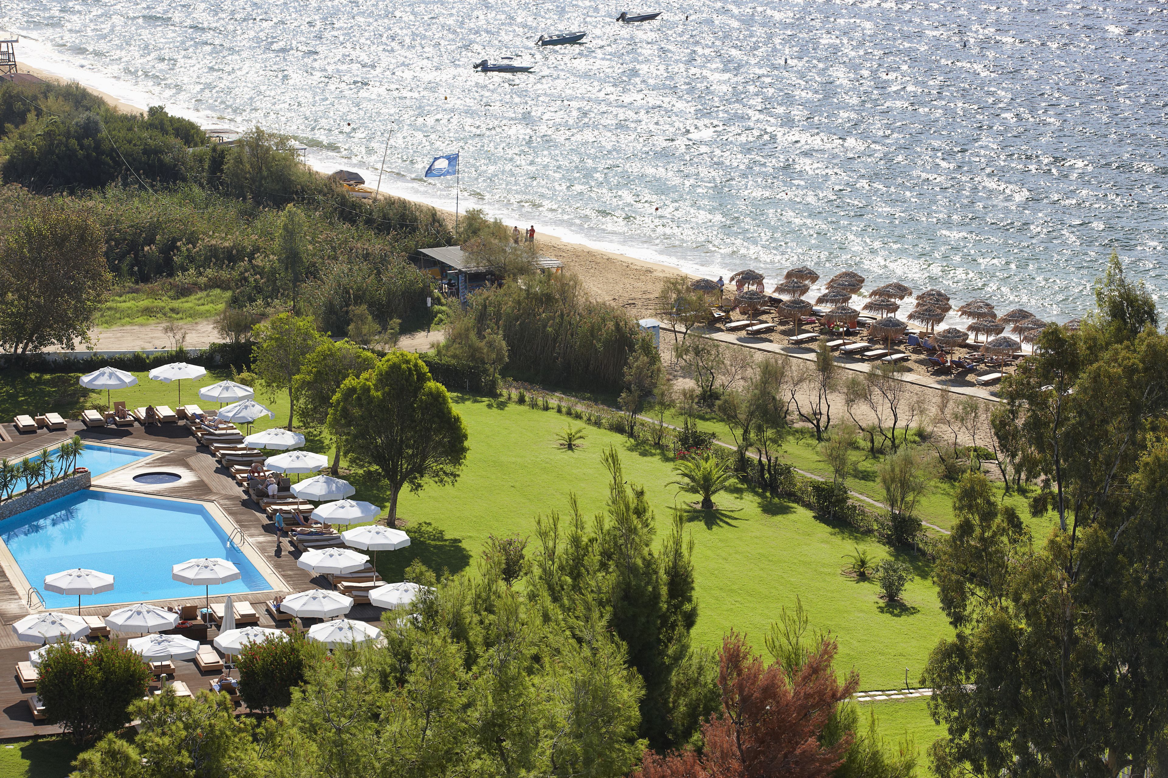 Um resort com piscina, espreguiçadeiras e guarda-sóis.