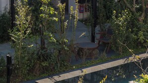 Um jardim no terraço com piscina, área de estar e pérgola.