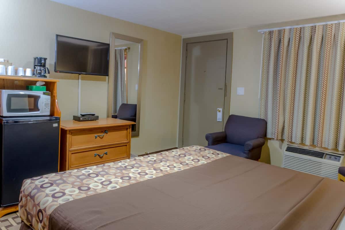 Quarto de hotel com cama, escrivaninha equipada com micro-ondas e frigorífico, uma cadeira, televisão e tapete estampado.